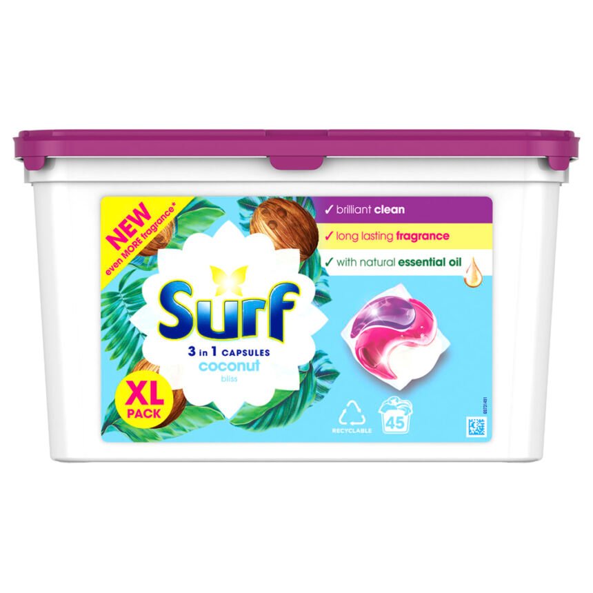 Surf 3 in 1 Coconut Bliss Laundry Washing Capsules 45 Washes ...
